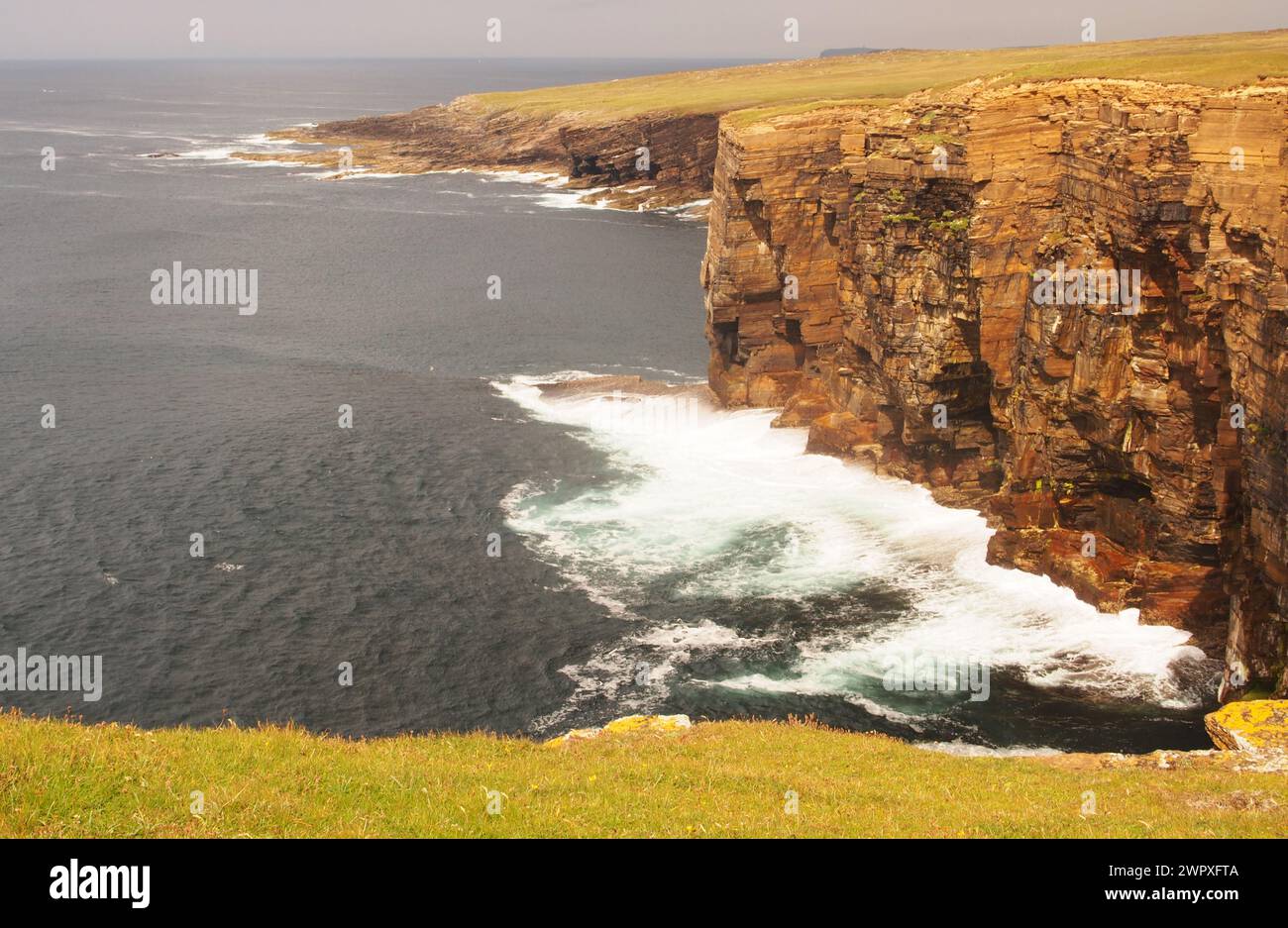 Looking from Neban Point to Yesnaby, showing the dramatic sea caves and ...