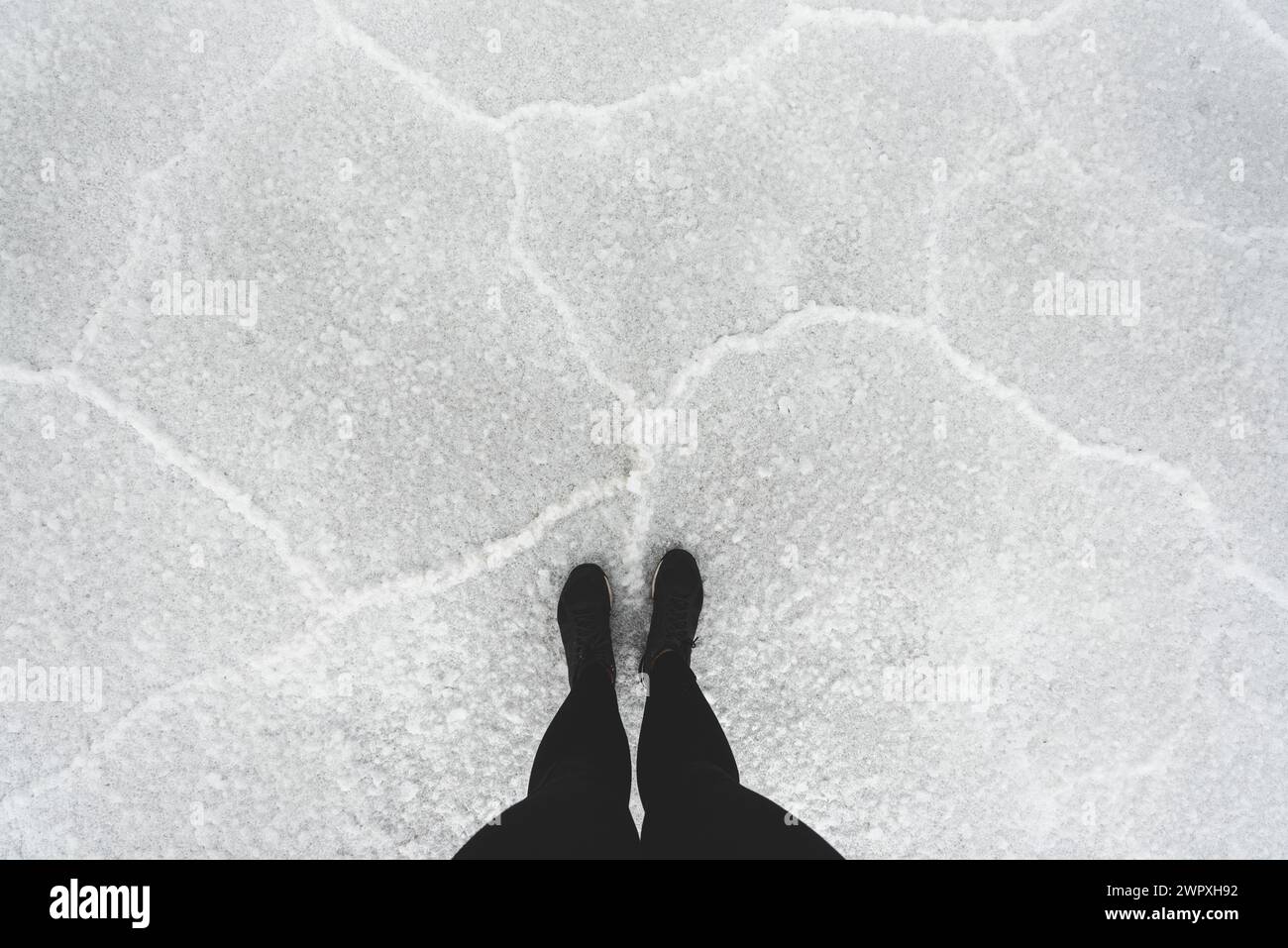 Standing and looking down on the dry salt pan of the Bonneville Salt ...