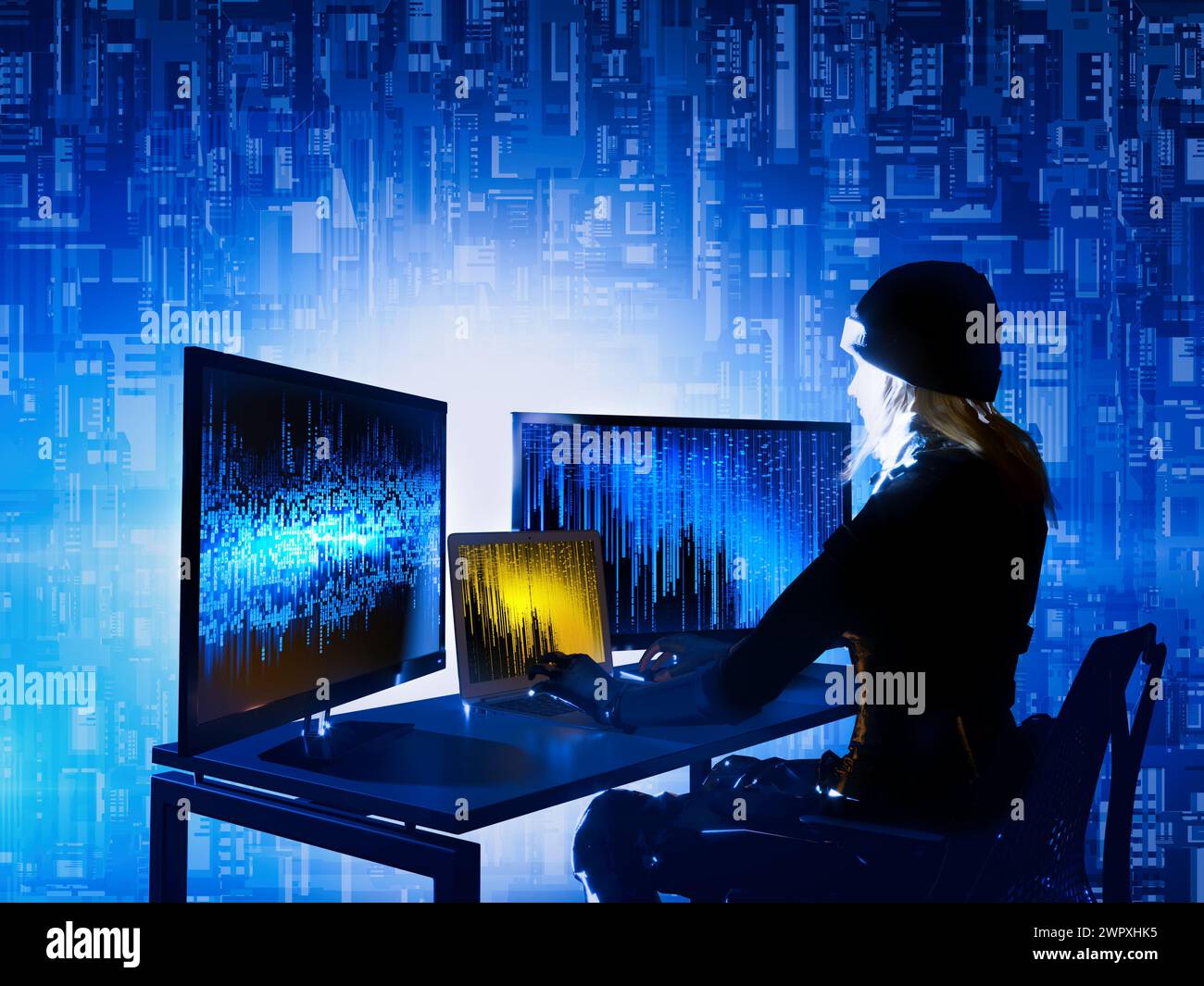 Hackers in action, computer security breach. Computer problems and ...