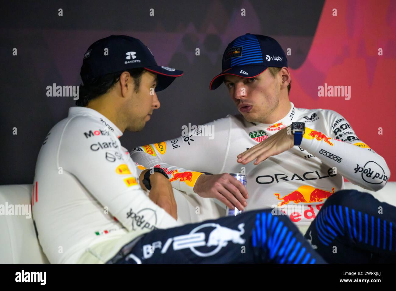 Jeddah, Saudi Arabia. 9th March 2024. Max Verstappen and Sergio Perez of Oracle Red Bull Racing ...