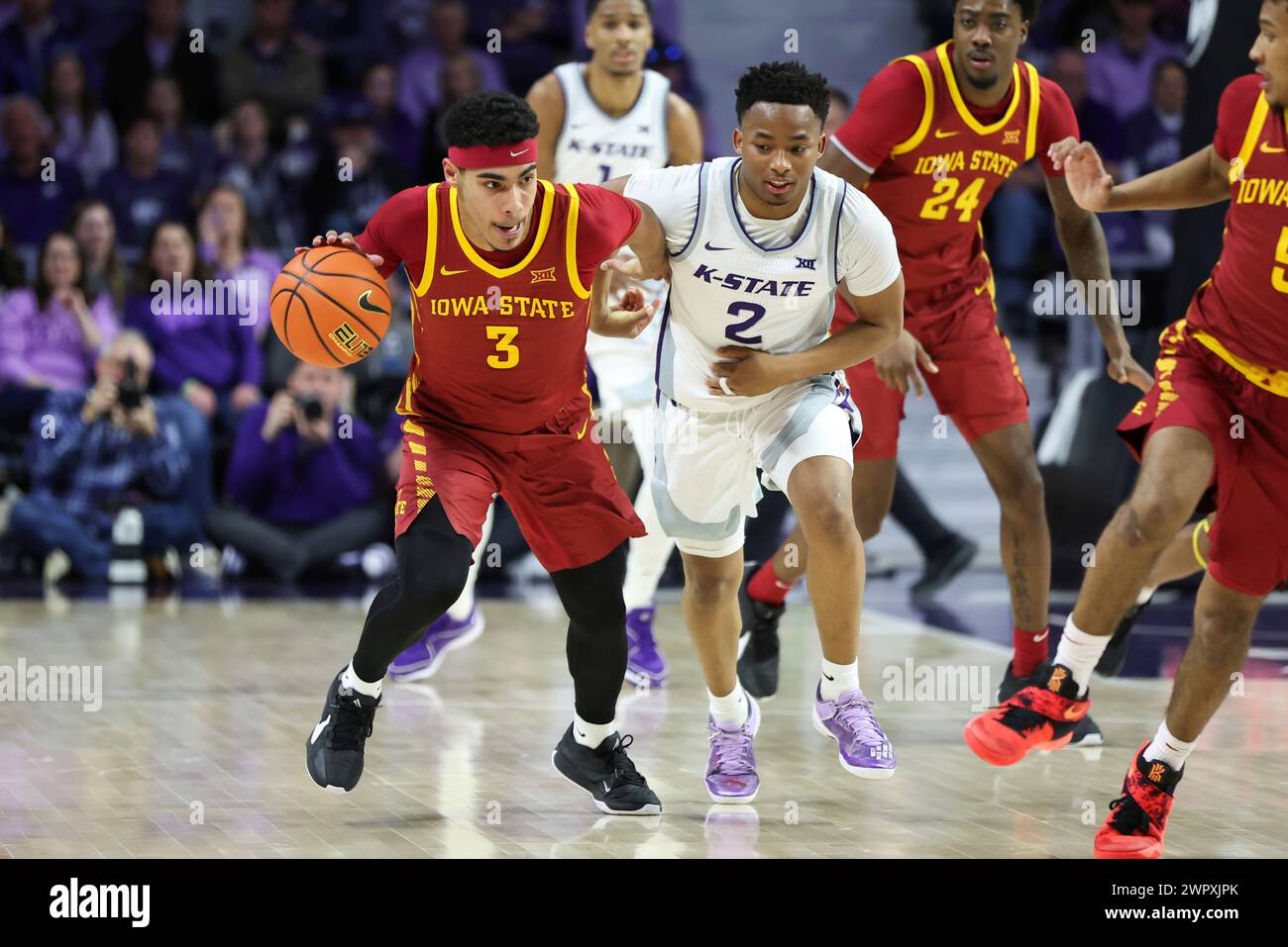 MANHATTAN, KS - MARCH 09: Iowa State Cyclones guard Tamin Lipsey (3) tries to break away from ...
