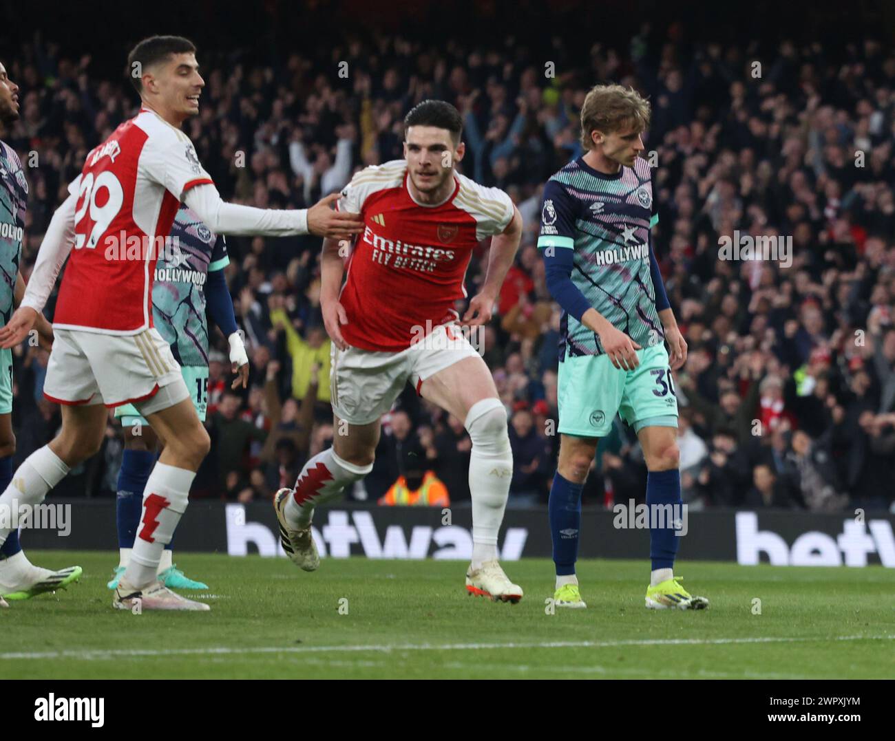 London UK 09th Mar 2024 Declan Rice A Celebrates Scoring The