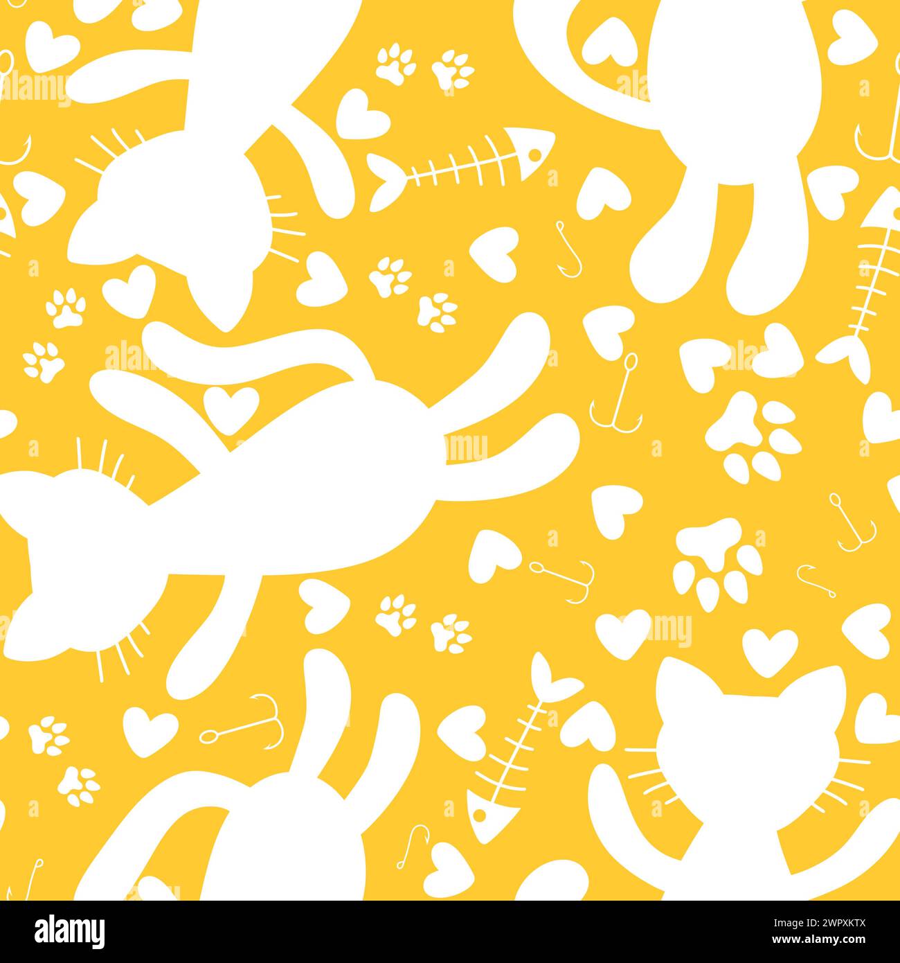 Cartoon animals accessories seamless cats and ball of threads and fish ...