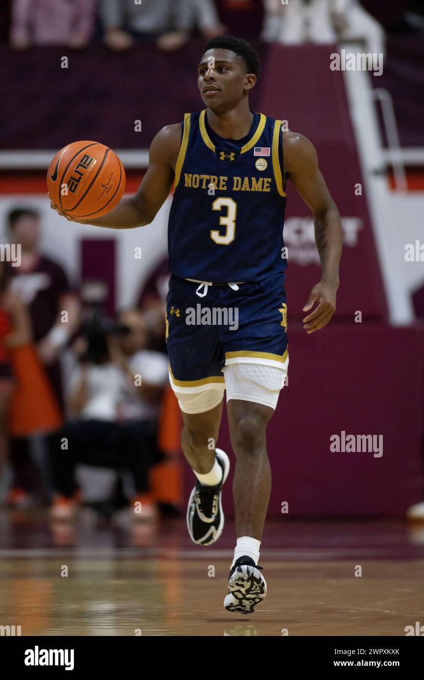 March 9, 2024: Notre Dame Fighting Irish guard Markus Burton (3) brings ...
