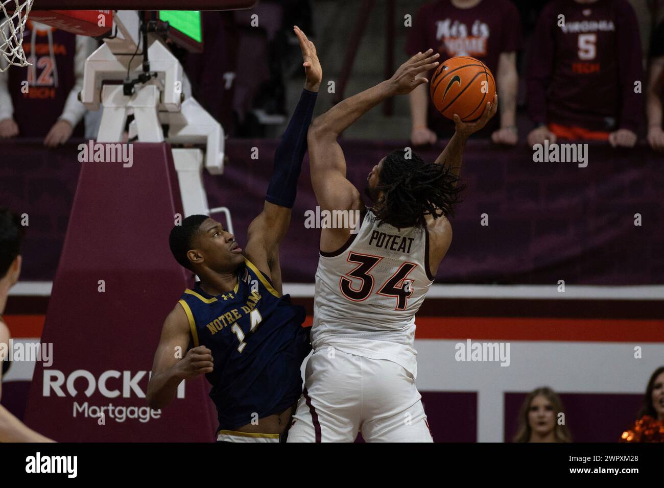 March 9, 2024: Virginia Tech Hokies forward Mylyjael Poteat (34) shoots ...