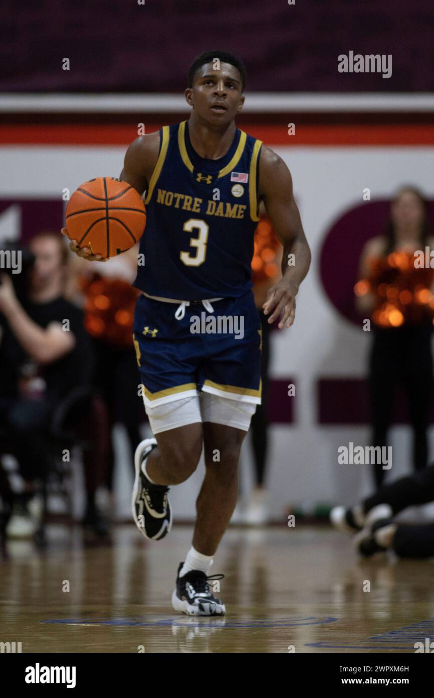 March 9, 2024: Notre Dame Fighting Irish guard Markus Burton (3) brings ...