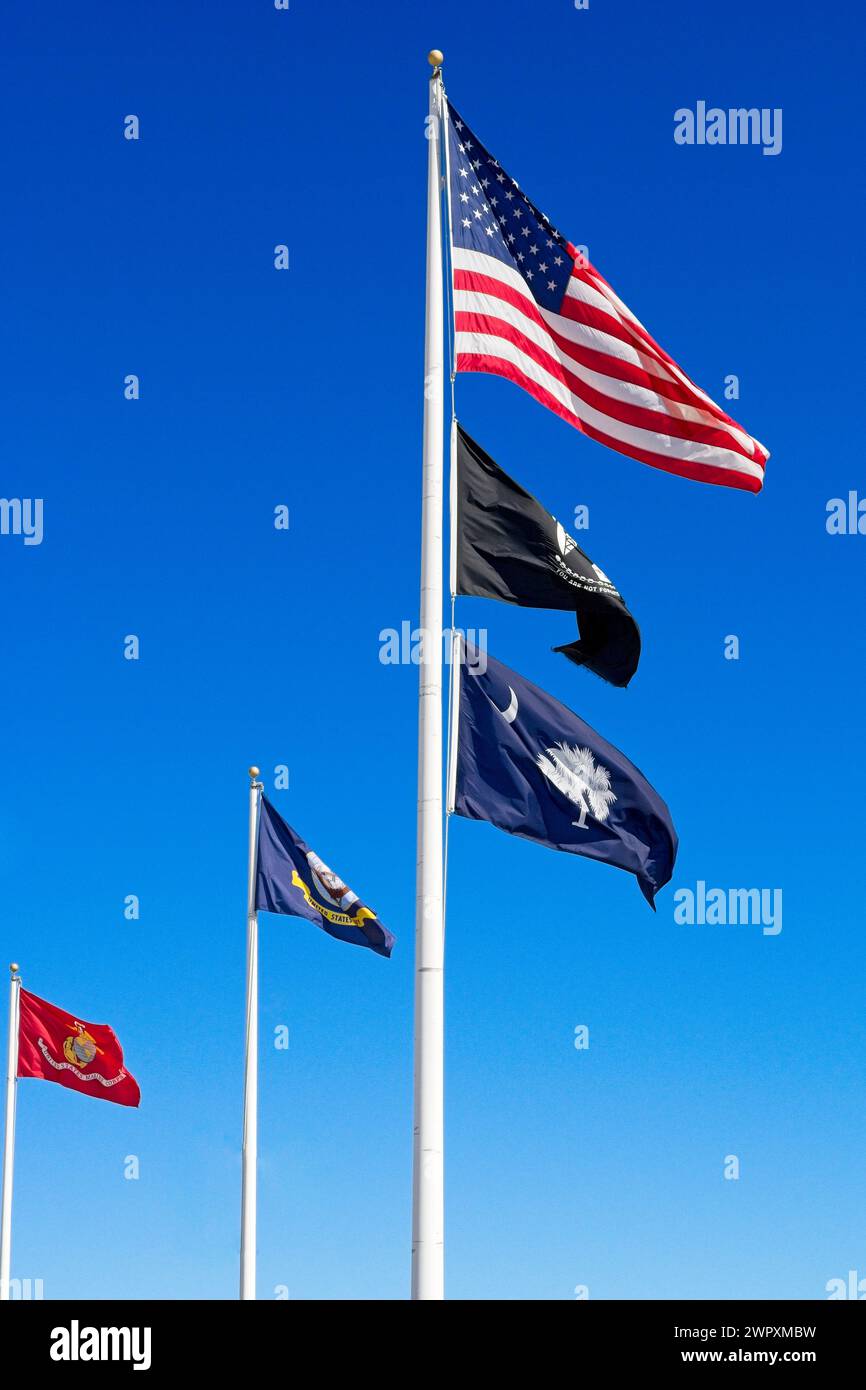 Patriotic flags against blue sky at boardwalk in Myrtle Beach, South ...