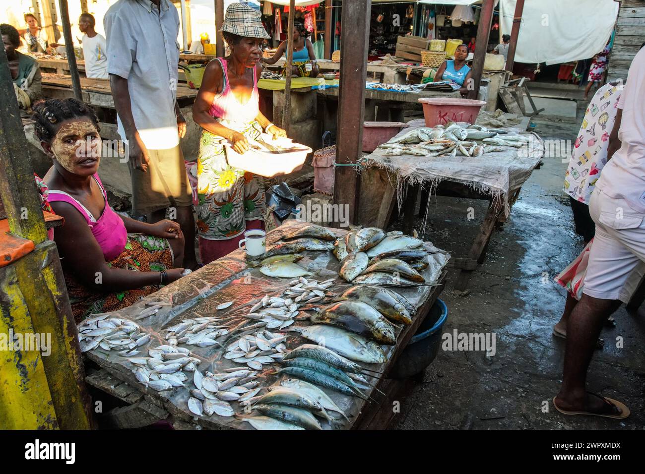 Toliara, Madagascar - May 01, 2019: Women selling fish at typical ...
