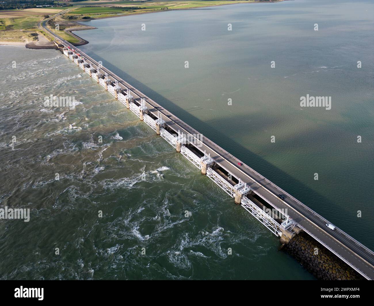 Aerial view of sea barrier protection, Zeeland, The Netherlands Stock ...