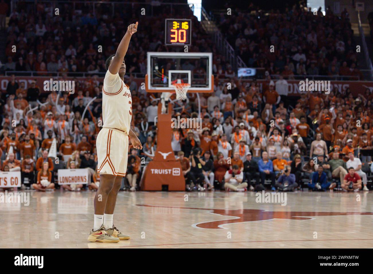 AUSTIN, TX - MARCH 09: Texas Longhorns guard Max Abmas (3) stands and watches his three point ...