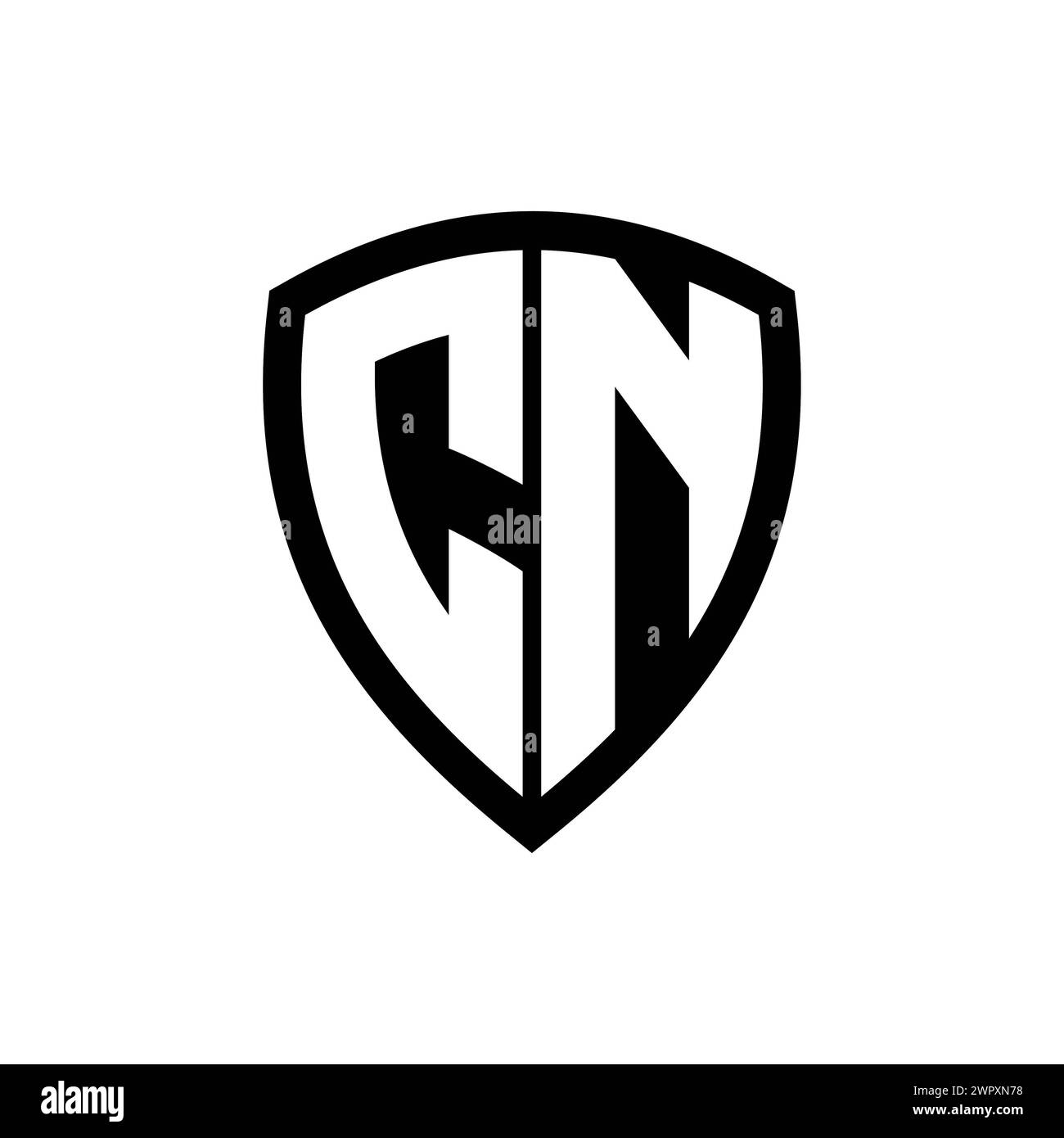 CN monogram logo with bold letters shield shape with black and white color design template Stock ...