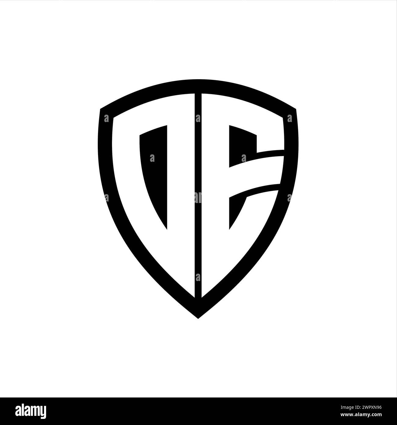 DE monogram logo with bold letters shield shape with black and white ...