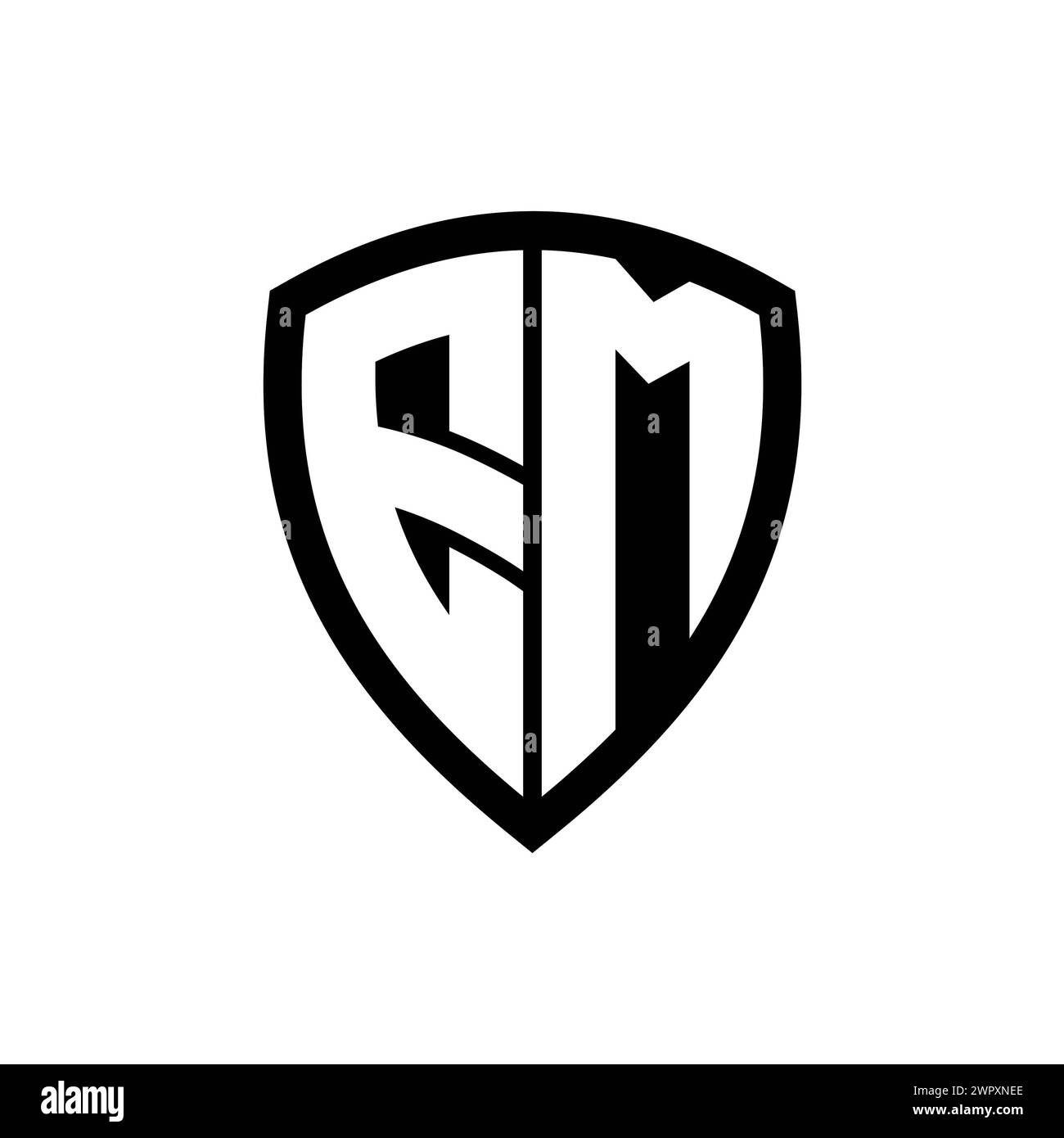 EM monogram logo with bold letters shield shape with black and white ...