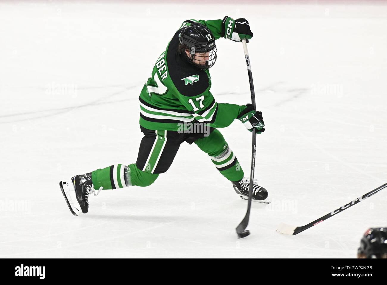 Omaha, USA. 08th Mar, 2024. North Dakota Fighting Hawks forward Riese Gaber (17) takes a shot ...