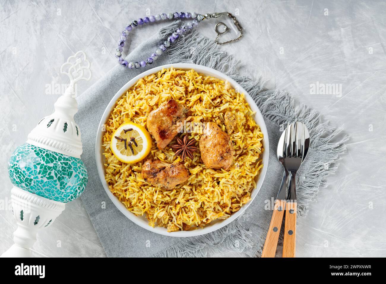 Pakistani and Indian Chicken Biryani Rice with Spices on White Plate ...