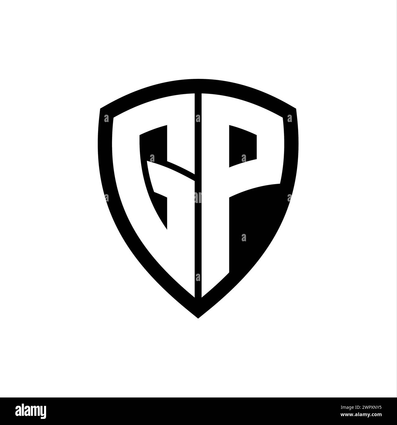 GP monogram logo with bold letters shield shape with black and white ...
