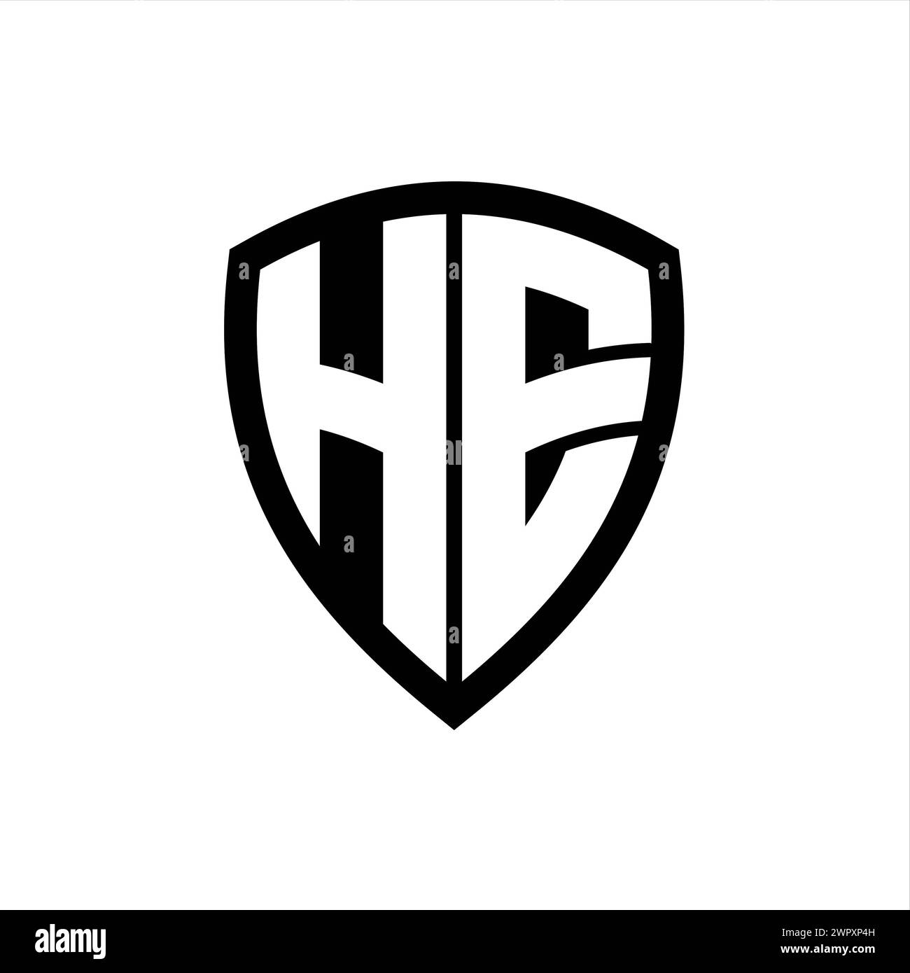 HE monogram logo with bold letters shield shape with black and white ...