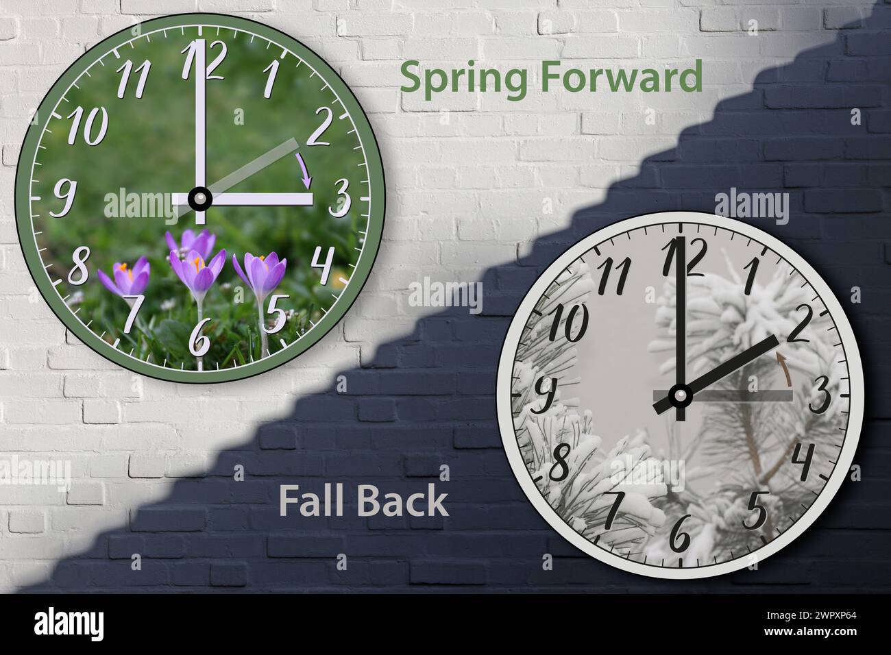 Spring forward, Fall Back. Two wall clocks. Transition of time, the ...
