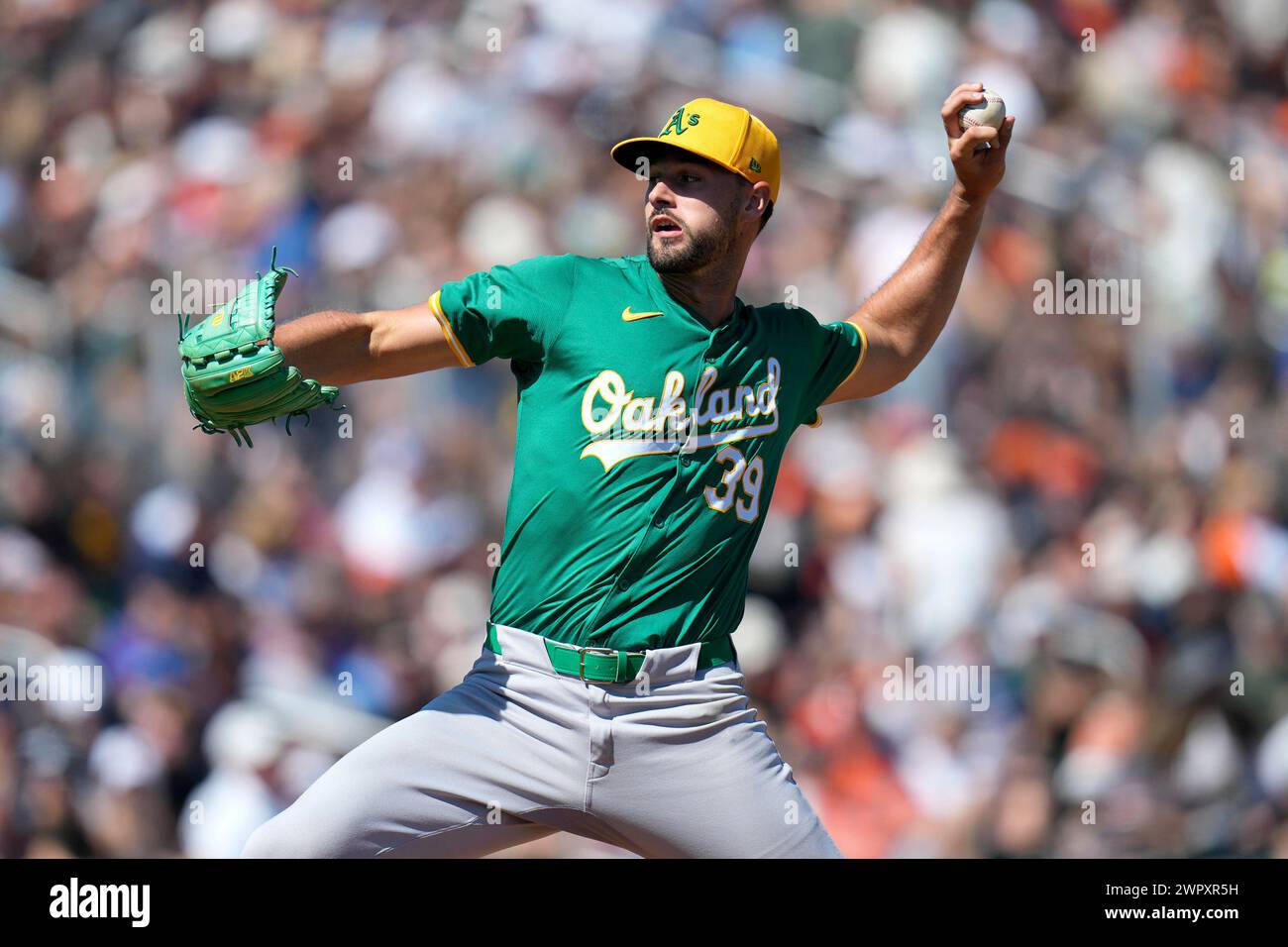 Oakland Athletics starting pitcher Kyle Muller throws against the San ...