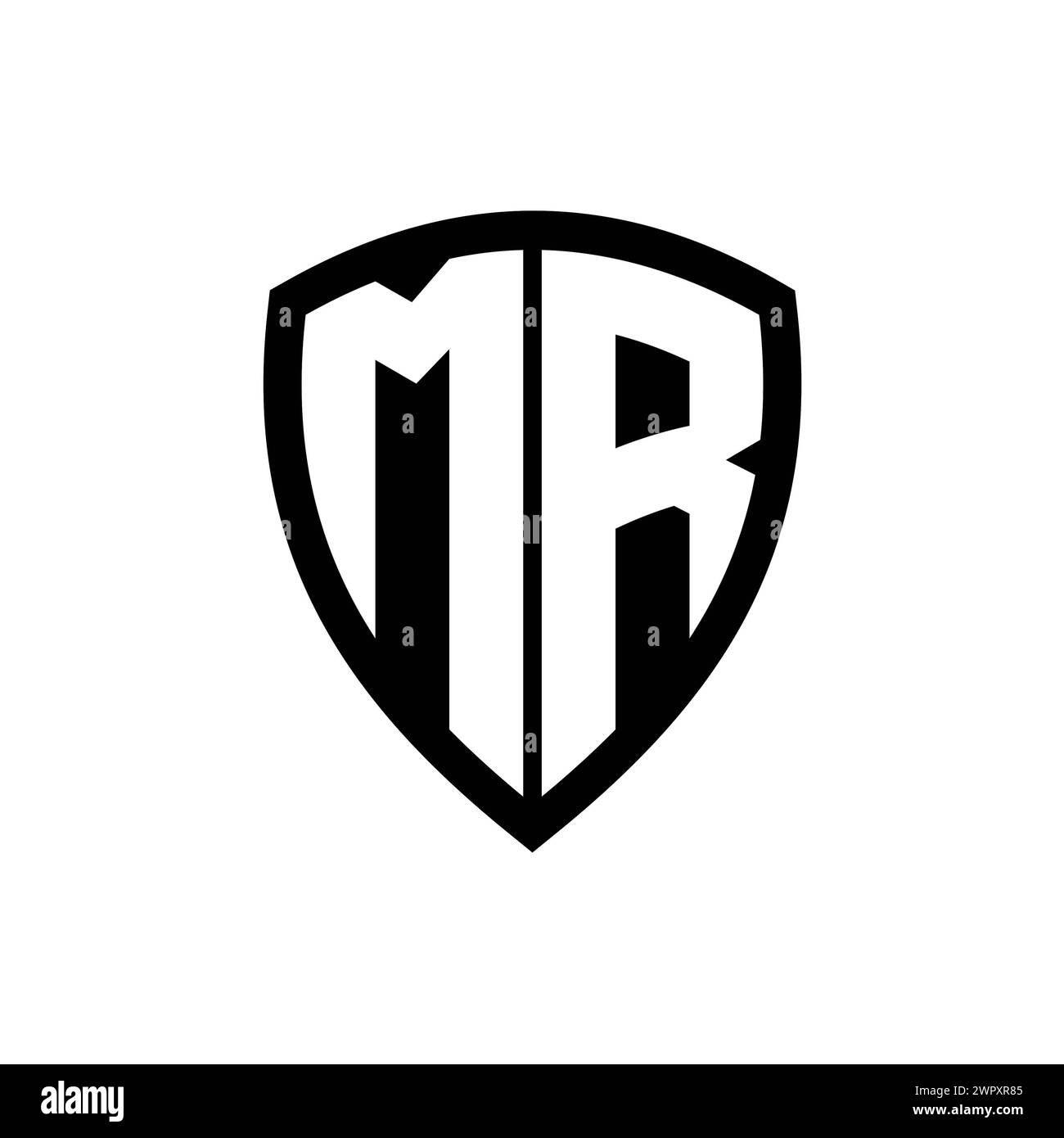 MR monogram logo with bold letters shield shape with black and white color design template Stock ...