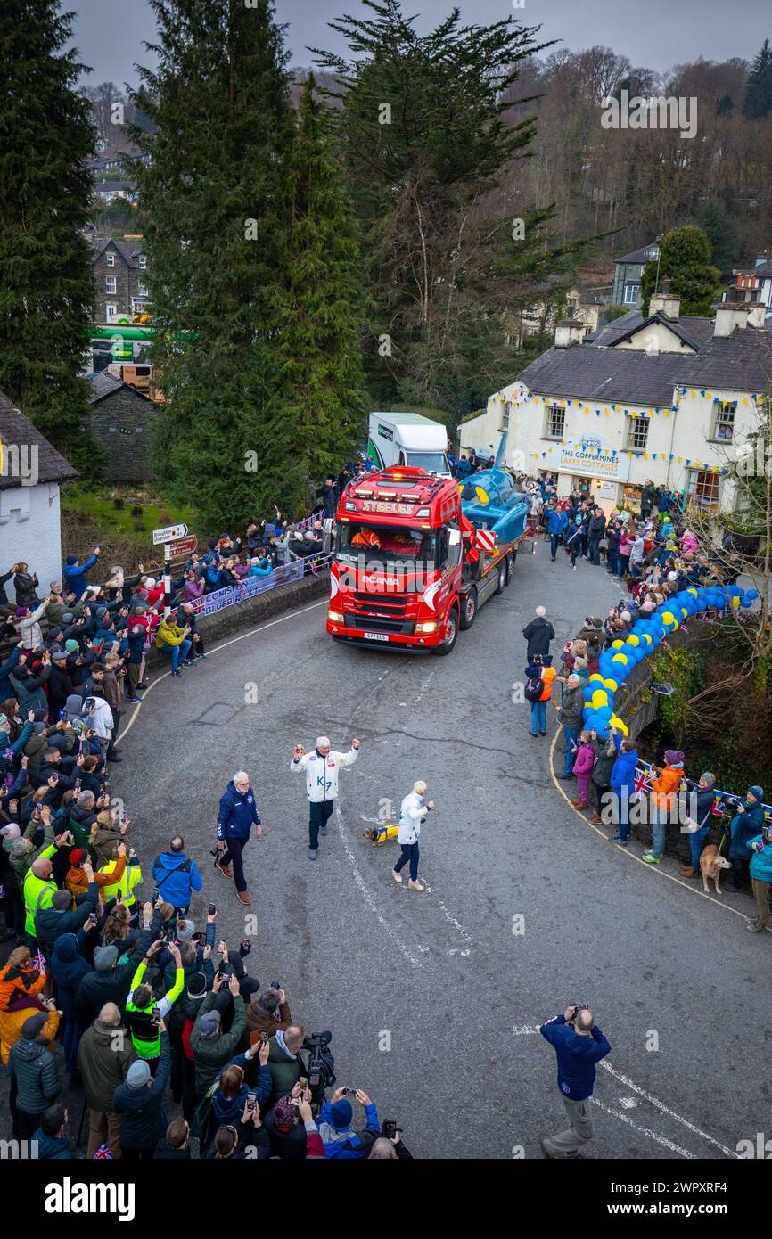 Bluebird K7 arriving back in Coniston on 9th March 2024 with a large ...