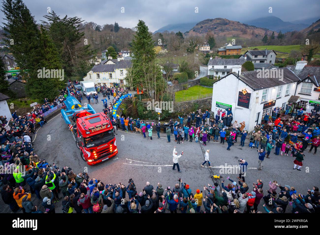 Bluebird K7 arriving back in Coniston on 9th March 2024 with a large ...