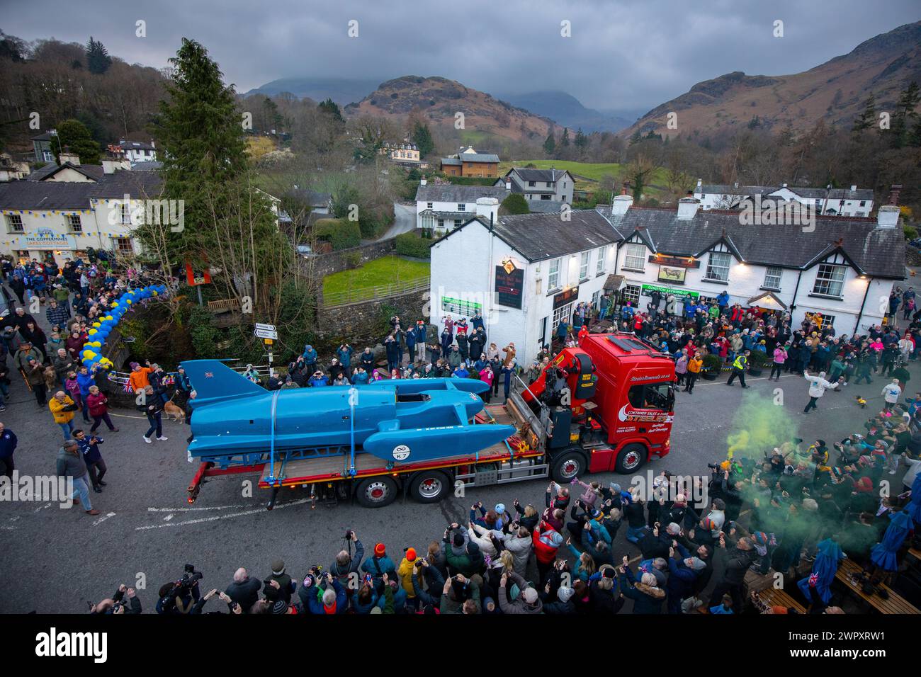 Bluebird K7 arriving back in Coniston on 9th March 2024 with a large ...