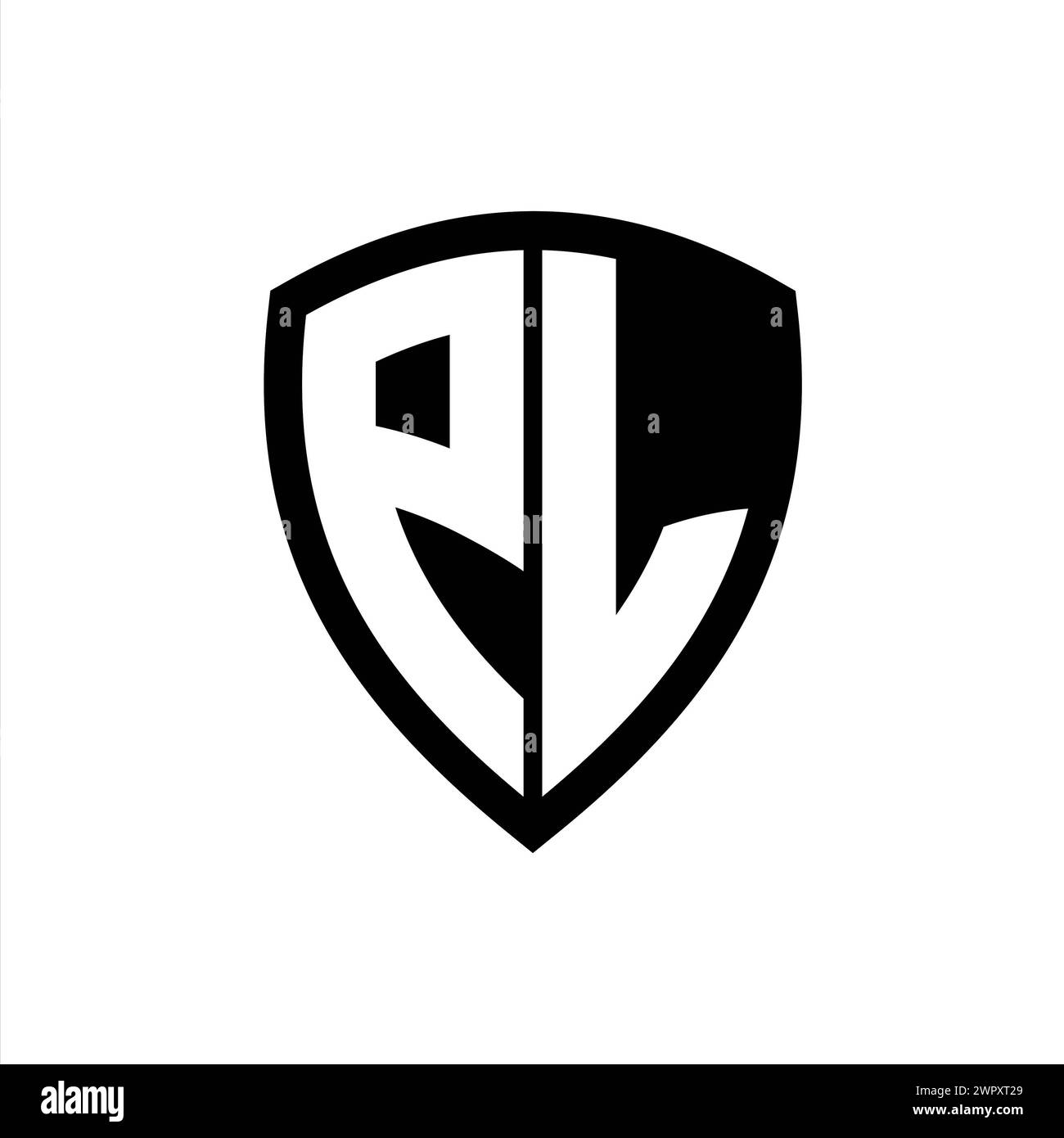 PL monogram logo with bold letters shield shape with black and white ...
