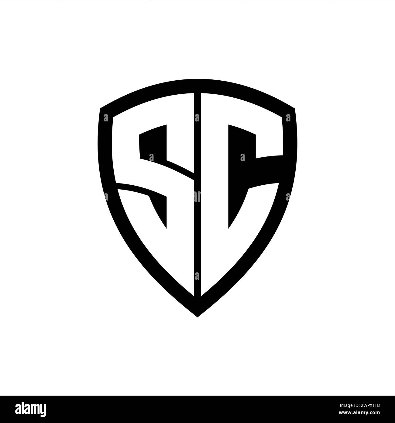 SC monogram logo with bold letters shield shape with black and white color design template Stock ...