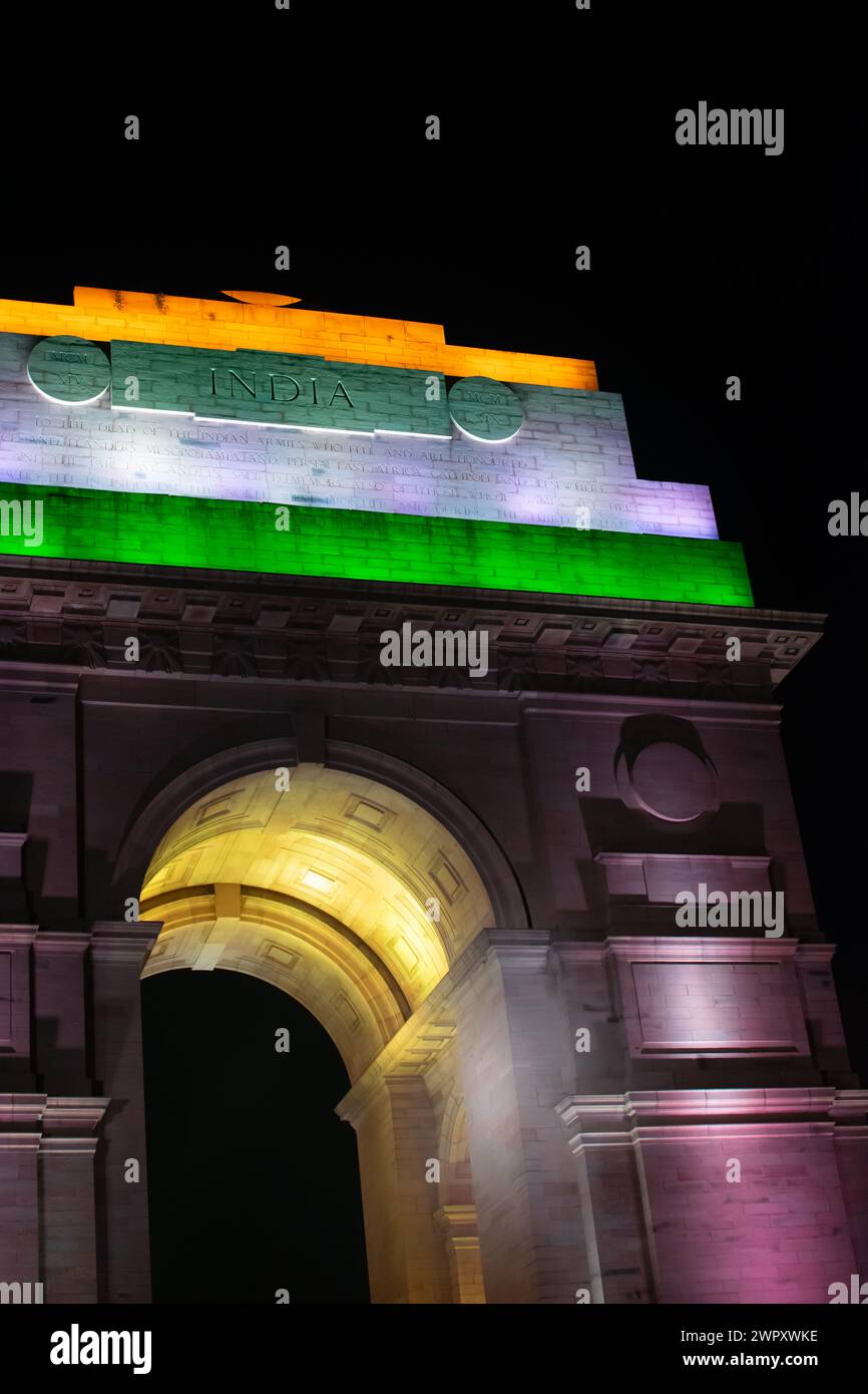 Vertical Image of India Gate at night with India flag colors projected ...