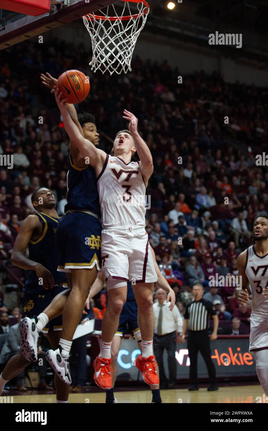 Blacksburg, VA, USA. 9th Mar, 2024. Virginia Tech Hokies guard Sean ...