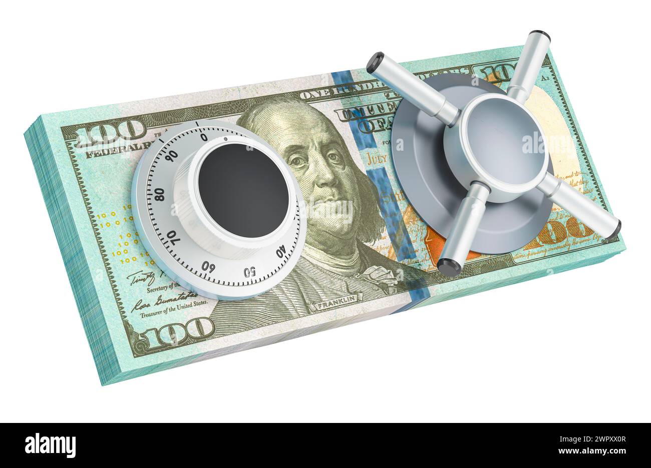 Dollar pack with safe combination lock, 3D rendering isolated on white ...
