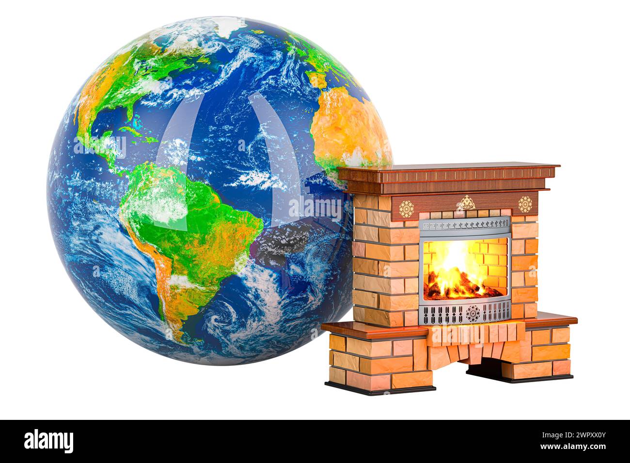 Fireplace with Earth Globe. 3D rendering isolated on white background ...
