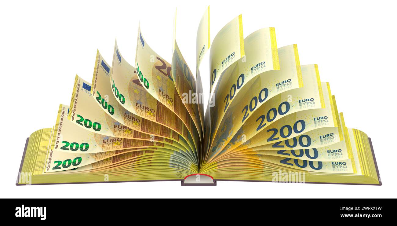 Opened Book with euros as pages, 3D rendering isolated on white ...