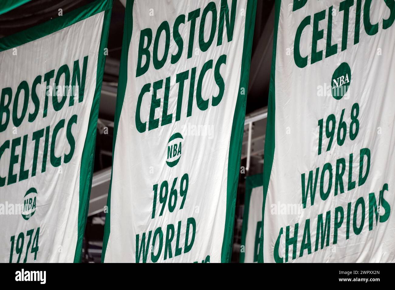 Boston Celtics NBA basketball championship banners in the rafters seen ...