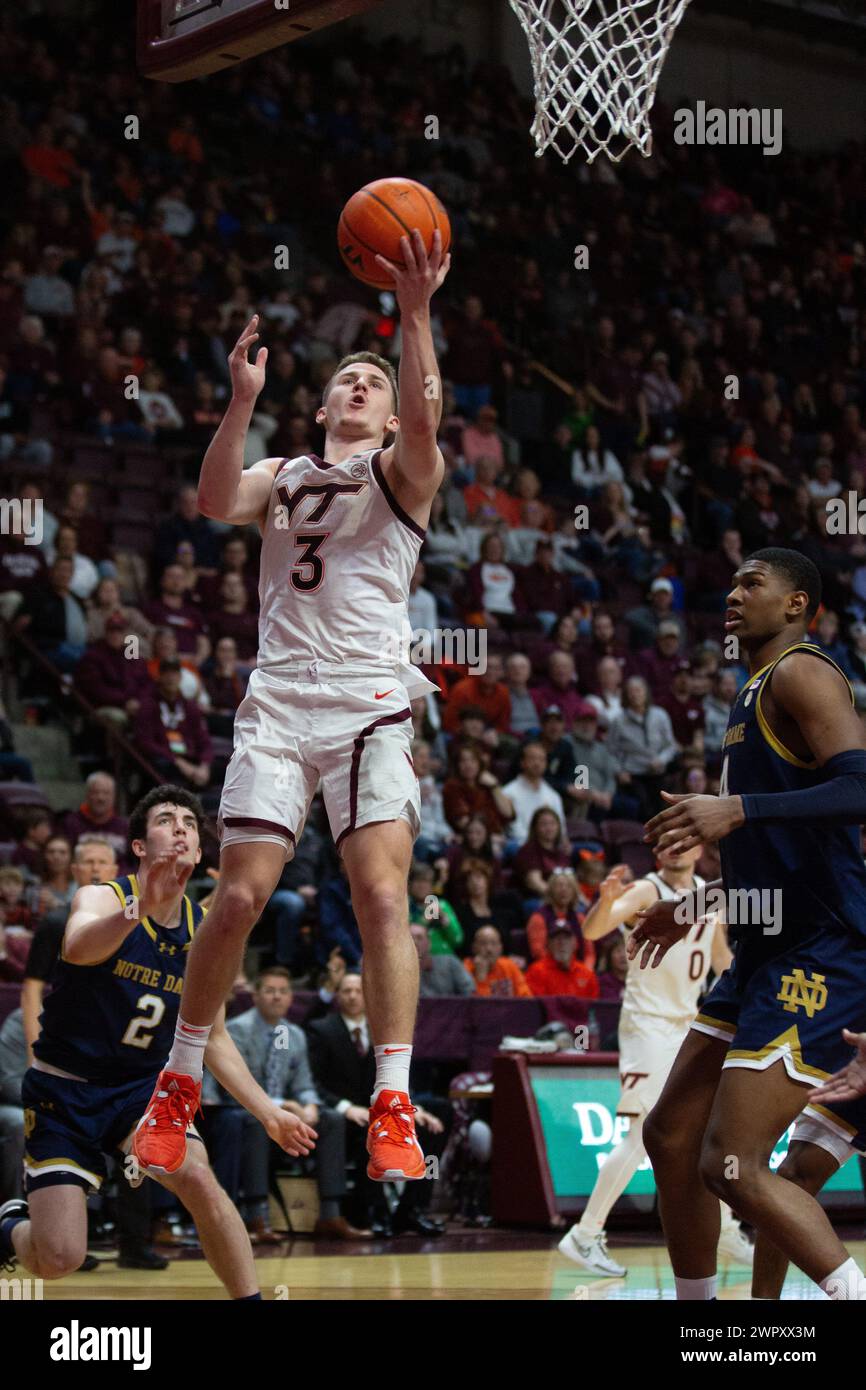 Blacksburg, VA, USA. 9th Mar, 2024. Virginia Tech Hokies guard Sean ...