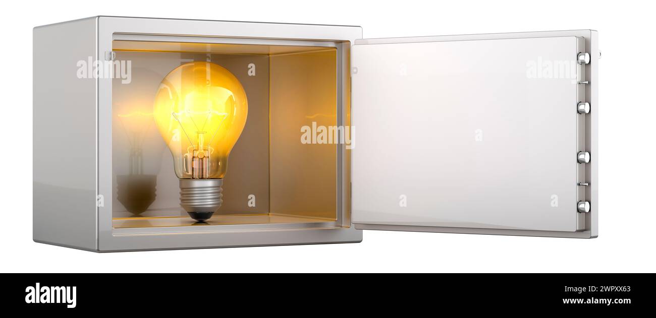 Lightbulb inside combination lock safe, 3D rendering isolated on white ...