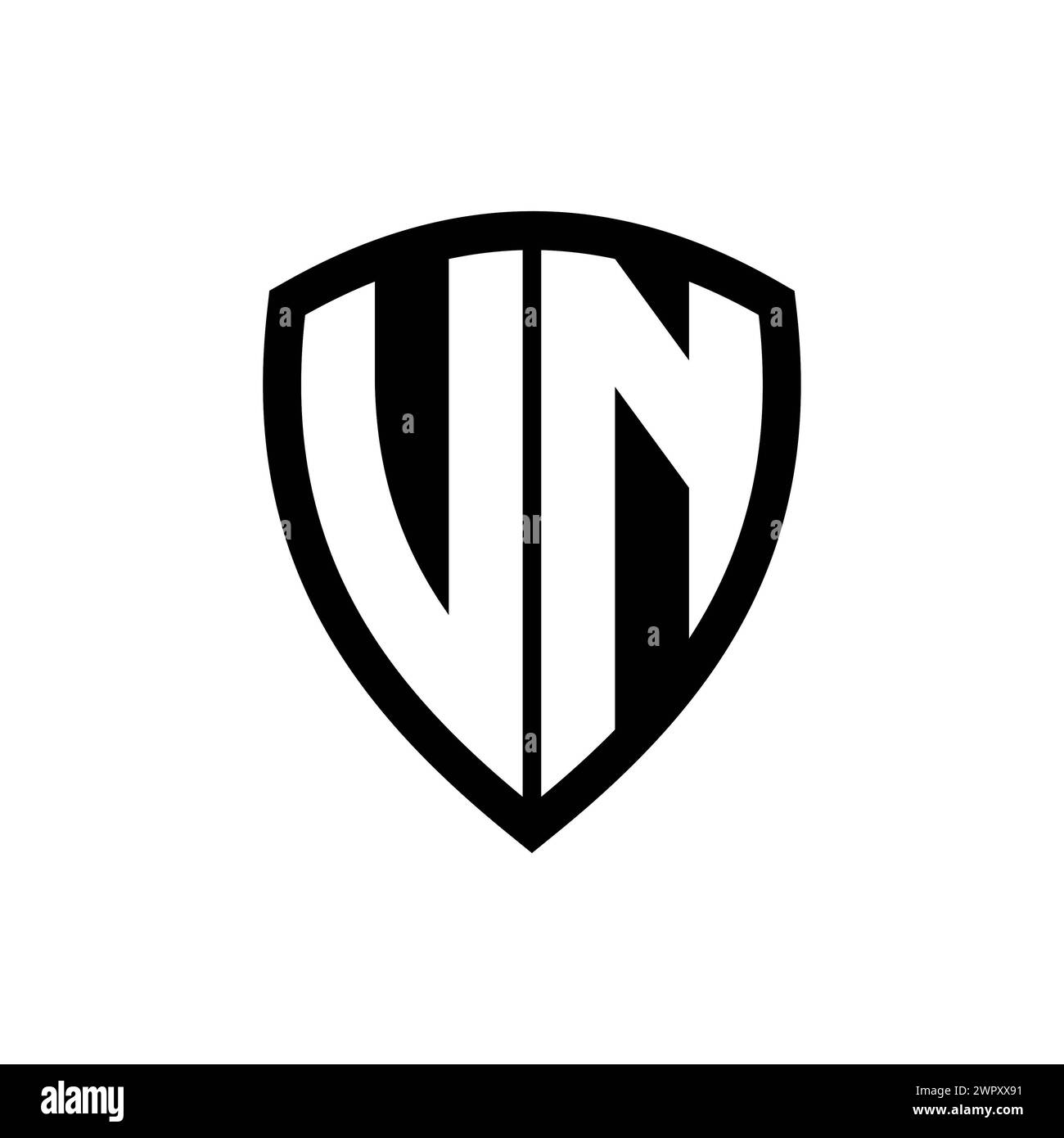 UN monogram logo with bold letters shield shape with black and white color design template Stock ...
