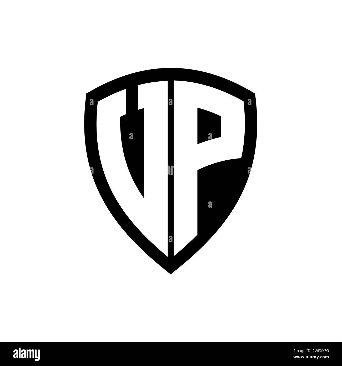 VP monogram logo with bold letters shield shape with black and white ...
