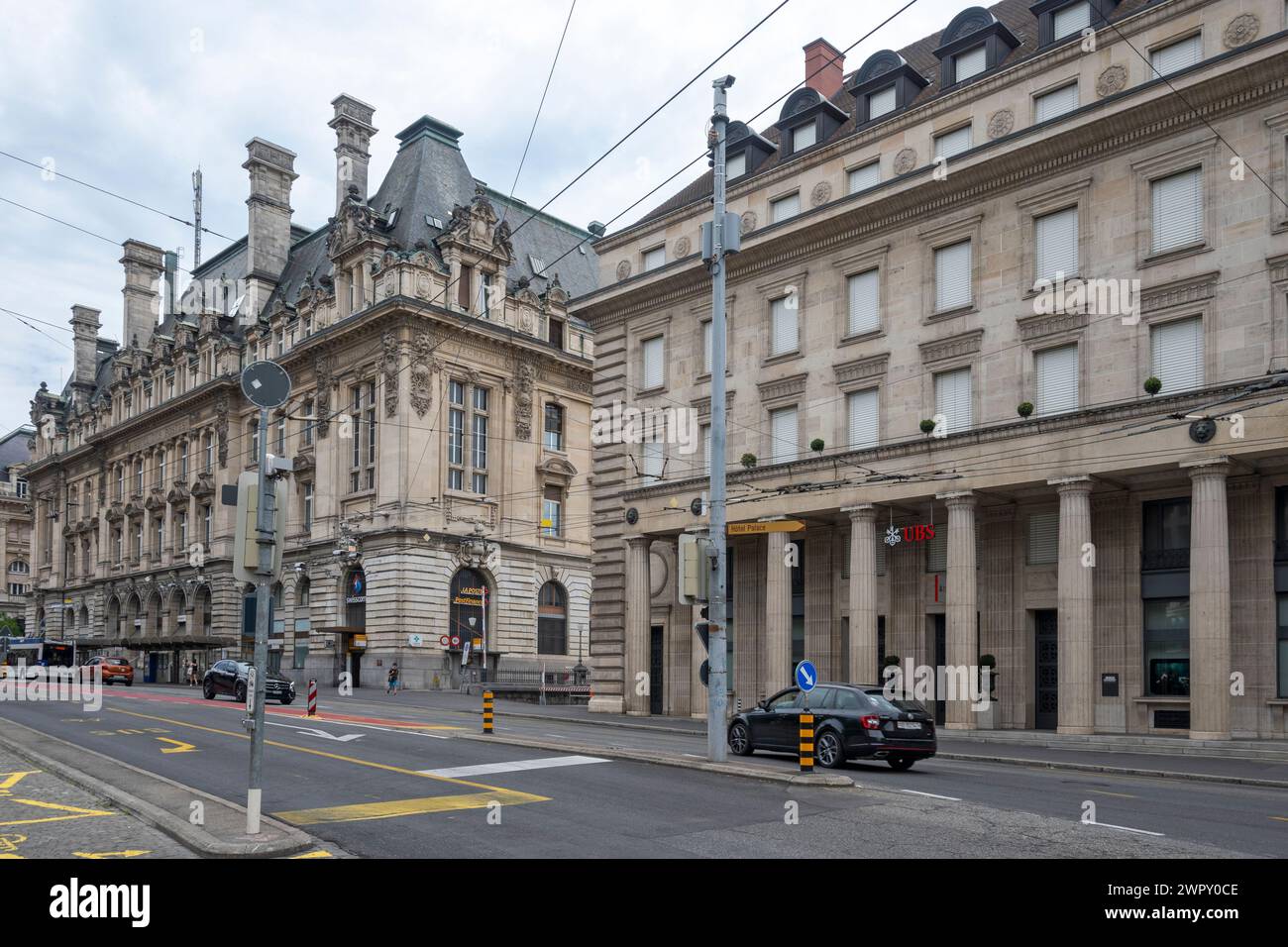 LAUSANNE, SWITZERLAND - JUNE 18, 2023: Typical Building and street at ...