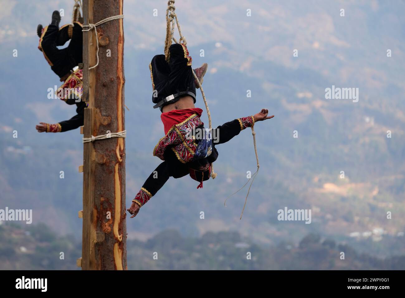 Dancers swing from a pole using ropes during the "Danza del Palo ...