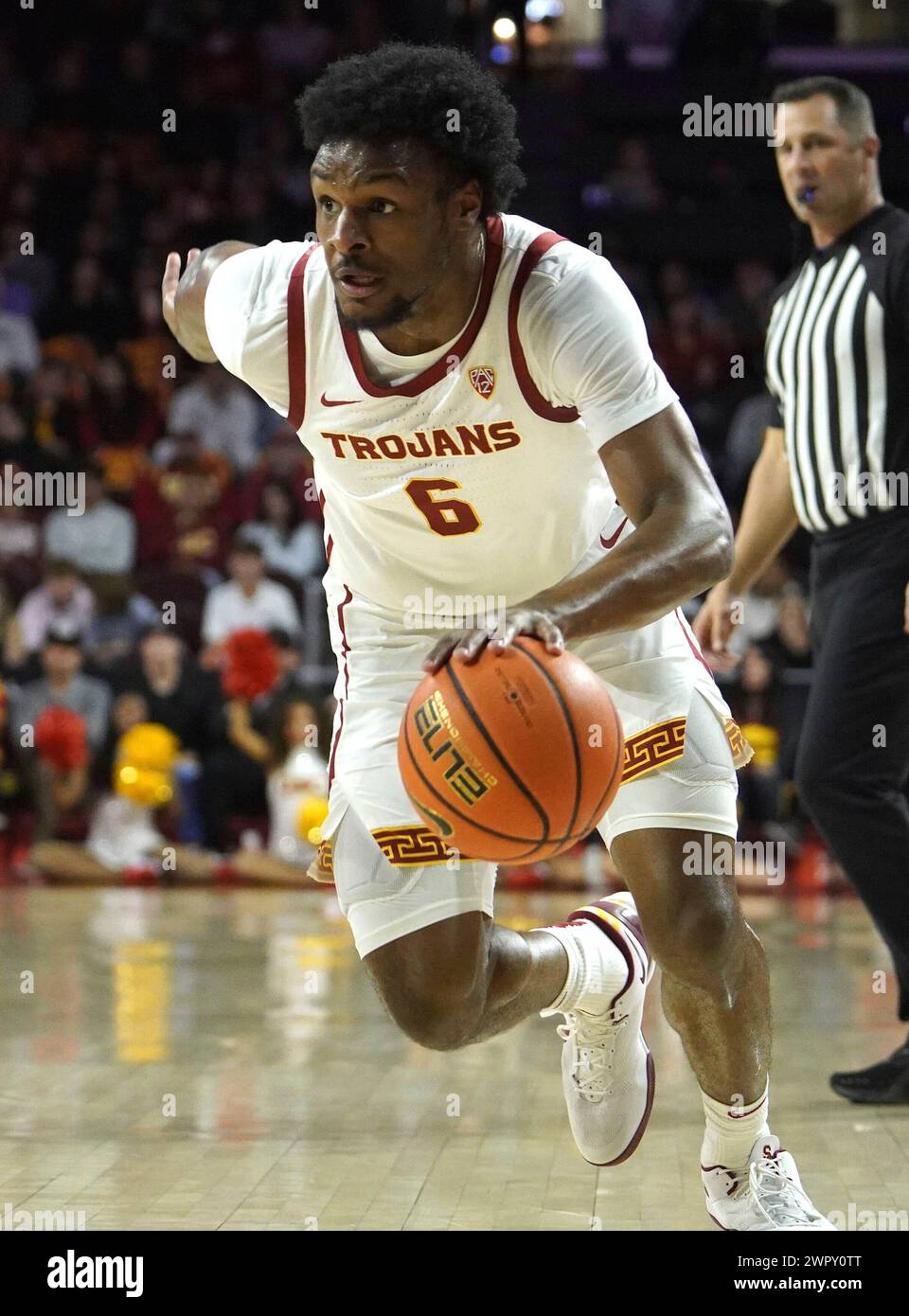 USC Trojans guard Bronny James (6) makes a move with the basketball against the Arizona State ...