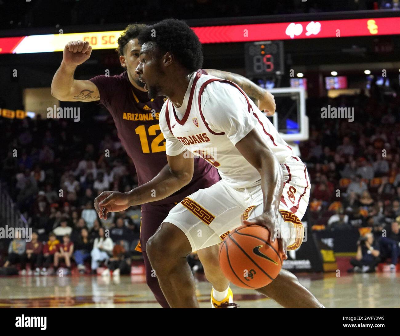 USC Trojans guard Bronny James (6) makes a move with the basketball against the Arizona State ...