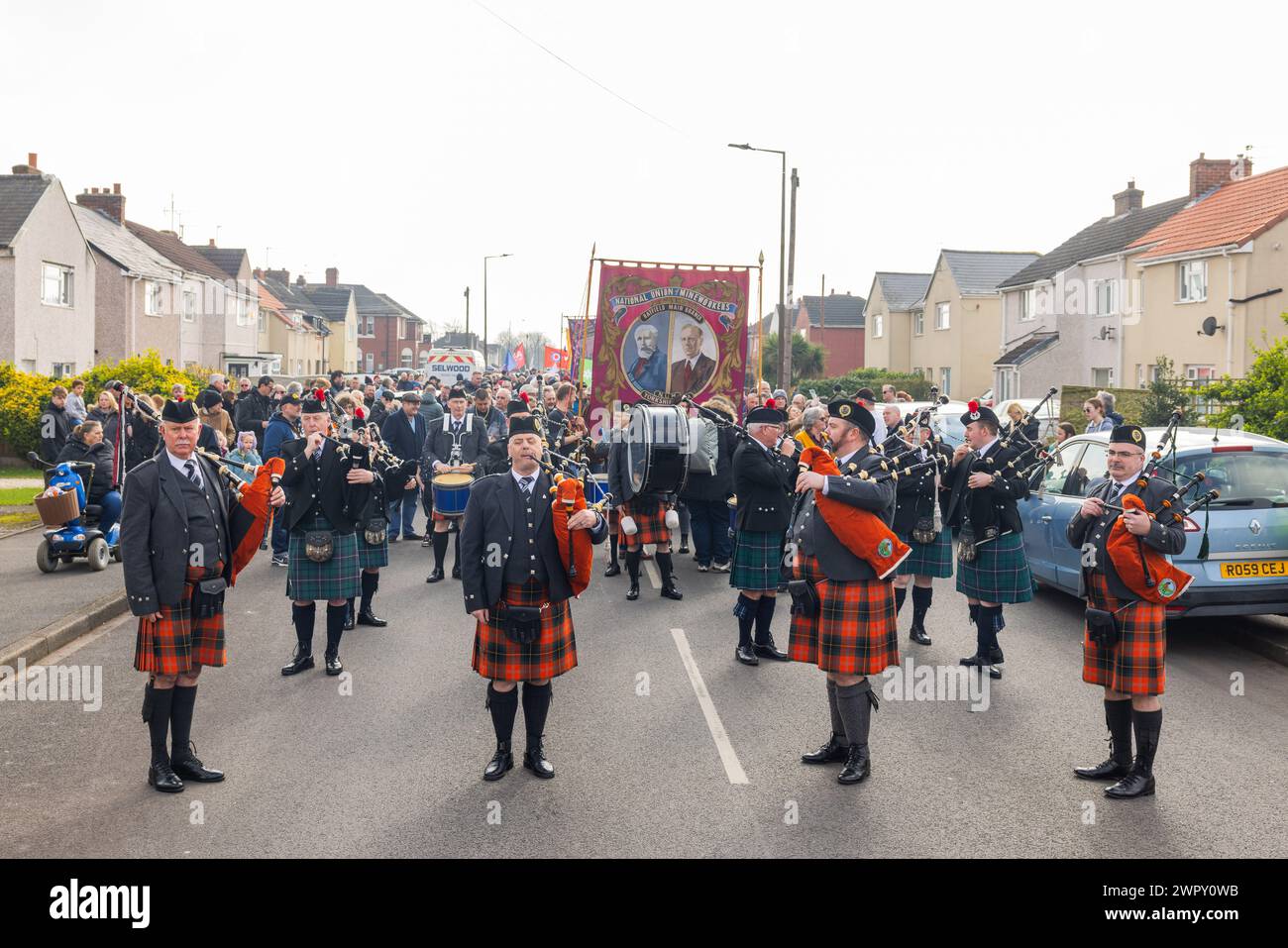 Doncaster, UK. 09 MAR, 2024. Members of the East Riding Pipe band lead ...