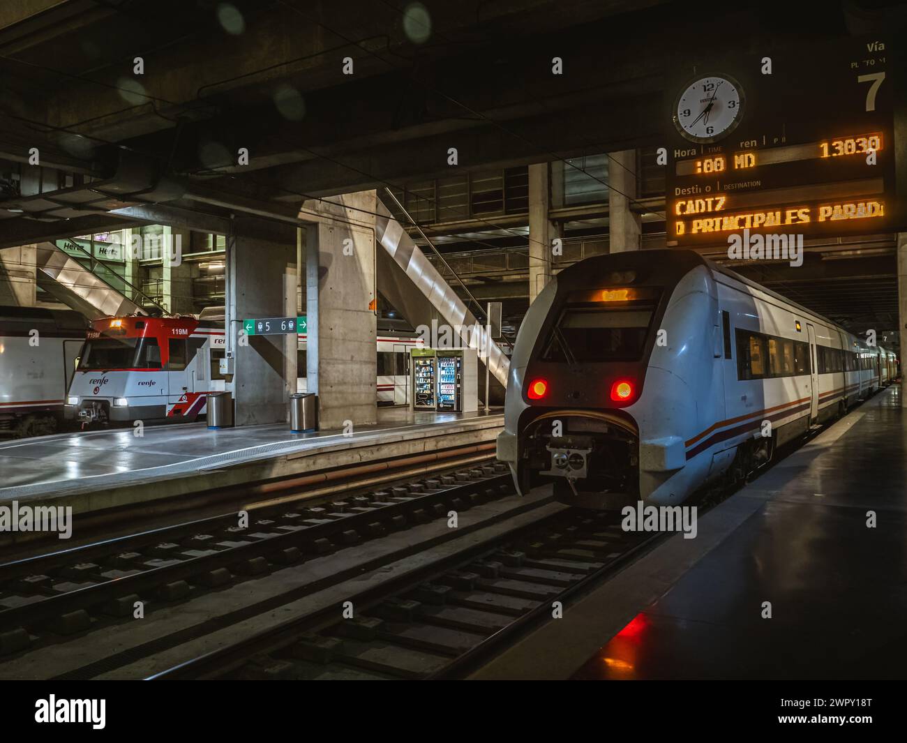 Trains of the Spanish railway company Renfe in the train station of ...