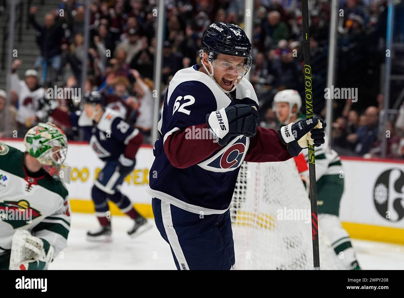 Colorado Avalanche left wing Artturi Lehkonen (62) reacts after scoring ...