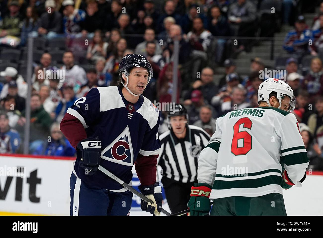 Colorado Avalanche right wing Brandon Duhaime, jokes with former teammate, Minnesota Wild ...