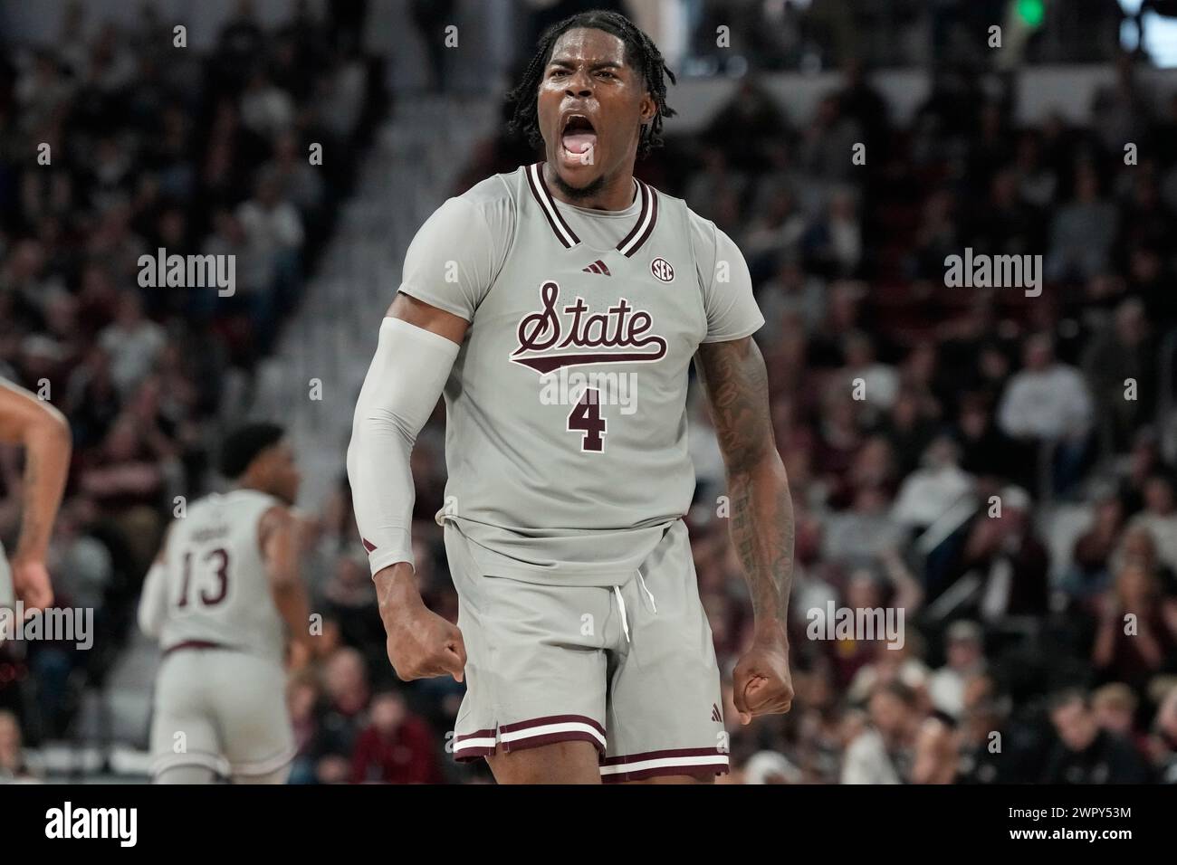 Mississippi State forward Cameron Matthews (4) reacts to a play during ...