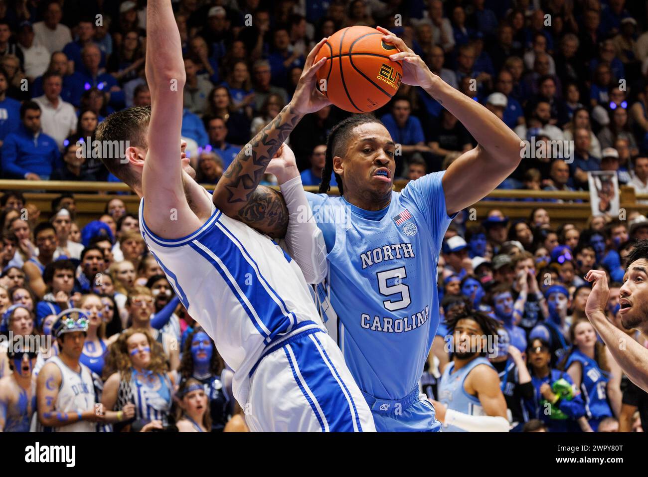 North Carolina's Armando Bacot (5) works in the post against Duke's ...