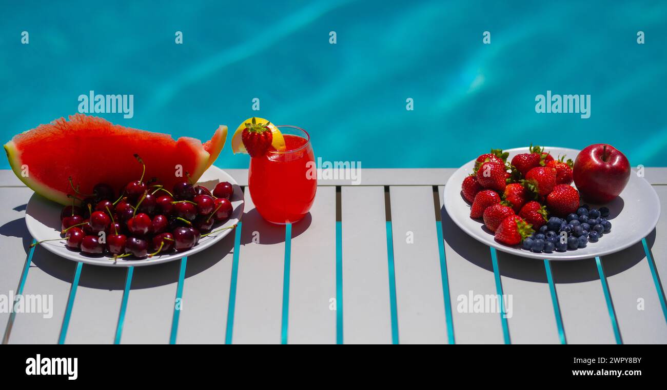 Summer background. Fruit and cocktail on swimming pool background Stock ...